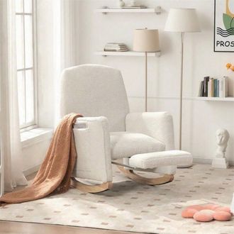 Generic Schaukelstuhl mit Hocker, Relaxsessel mit Ottomane, Schaukelstuhl für den Innenbereich mit hoher Rückenlehne für das Wohnzimmer, weißer Teddy-Stoff (W