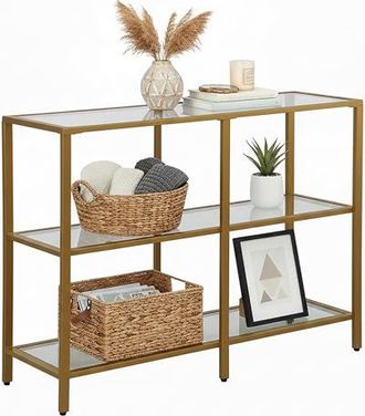Relaxdays Konsolentisch, HxBxT: 73 x 100 x 30 cm, Metall, Glas, schmale Konsole Flur, Flurtisch mit 3 Ablagen, Gold