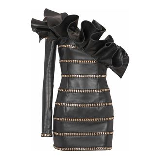Balmain Asymmetrisches- figurbetontes Lederkleid mit Ketten - - Dresses - Damen - Schwarzk - S