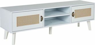 Beliani Beliani - tv M&ouml;bel Wei&szlig; / Heller Holzfarbton mit Rattan Fronten 2 offene F&auml;cher 39 x 45 x 140 cm Multifunktional Wohnzimmer Boho Stil