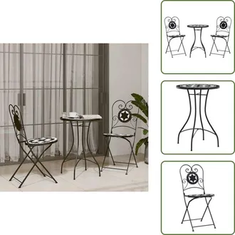 vidaXL Mosaik-Bistro-Set Schwarz und Wei&szlig; Eisen und Keramik - Gartentisch - Bistroset - Outdoor M&ouml;bel - Balkonm&ouml;bel - Esszimmergarnitur - The Living Store