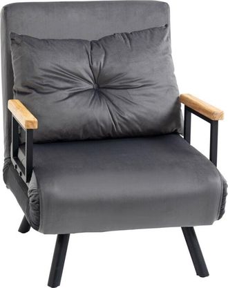 HOMCOM Fauteuil convertible 1 place - HOMCOM - fauteuil-lit chauffeuse 3 en 1 - dossier réglable, oreiller - velours - 63x73x81cm - gris