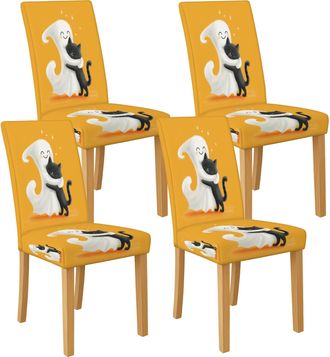 Generic Niedliche Geister- und Katzensitzbezüge für Stühle, dehnbare und waschbare Spandex-Protektoren, lustige dekorative Schonbezüge für Halloween, Küche, E