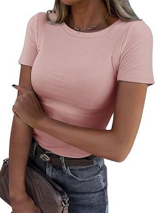 Generic Chemises &agrave; manches courtes en tricot c&ocirc;tel&eacute; pour femme, tenues d&eacute;t&eacute; tendance, T-shirts basiques en tricot c&ocirc;tel&eacute; &agrave; encolure d&eacute;gag&eacute;e, rose, XXL