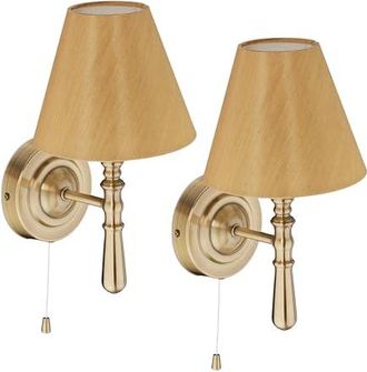 Relaxdays Wandlampe mit Schirm, 2er Set, Zugschalter, Flur & Wohnzimmer, E14, Stoff, Metall, HxBxT: 28x16x19 cm, Messing