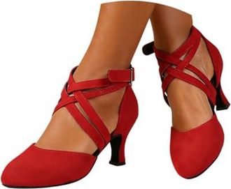 Minetom Chaussures De Danse Latine pour Femmes Sandale en Su&egrave;de Bout Ferm&eacute; Tango Valse Sociale Salsa A Rouge 36 EU