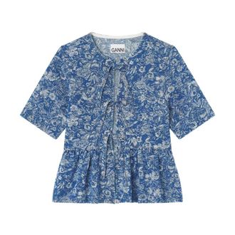 Ganni Femme, Blouses et Chemises, Bleu, Taille: 38 FR Top p&eacute;plum &agrave; manches courtes en jacquard imprim&eacute;