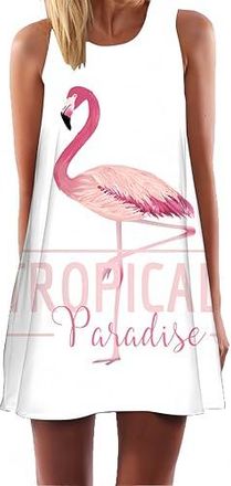 Ocean Plus Femme Multicolore Paréo Trapèze sans Manche Robe de Plage Haut Décontracté Flamant Loisir Feuilles Mini Robe (M (EU 36-38), Flamant Rose Tropical)