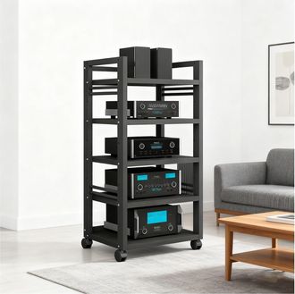 Generic HiFi Rack Plattenregal Druckerregal 5-stufige AV-Medienst&auml;nder HiFi-Regal Mit Rollen Multimedia-Rack Offenes Lagerregal F&uuml;r Home Office Kino(Black1)