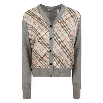 Burberry Check Panel Woll-Seiden-Strickjacke - - Knitwear - Damen - Grau - L