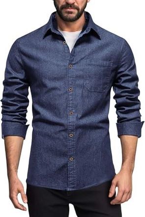 Generic Chemise en jean à manches longues avec poches boutonnées pour homme - Style western décontracté - Coupe classique, Chemises à manches longues bleu mar