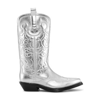 Ganni Silberne Metallic-bestickte Schlupfstiefel - - Shoes - Damen - Grau - 36 EU