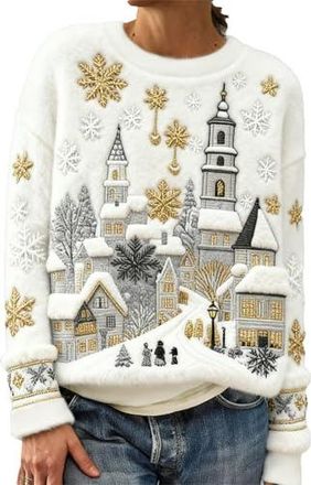 Generic Sweat-shirt en flanelle &agrave; imprim&eacute; chat de No&euml;l pour femme, pull dhiver d&eacute;contract&eacute; &eacute;l&eacute;gant doux et chaud, haut pullover fantaisie dr&ocirc;le &agrave; col rond No&euml;