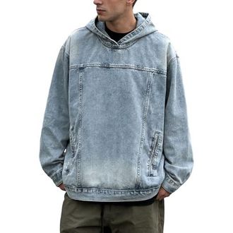 Generic Pull d&eacute;contract&eacute; &agrave; capuche en jean pour homme - Style vintage vieilli - Surdimensionn&eacute;, bleu, XXL