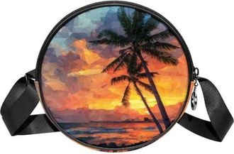 Generic Sac &agrave; bandouli&egrave;re rond pour femme, motif coucher de soleil, plage, palmier, petit sac &agrave; dos &agrave; bandouli&egrave;re avec fermeture &eacute;clair, bretelles r&eacute;glables, 