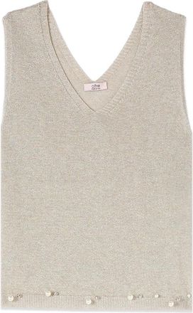 Oltre Femme, Pulls, Beige, Taille: 46 FR Top en maille lurex avec broderie de bijoux