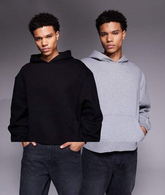 Asos Lot de 2 sweats &agrave; capuche oversize en tissu &eacute;pais 400 g/m 2 de qualit&eacute; sup&eacute;rieure - Noir et gris chin&eacute;