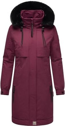 Navahoo Manteau dhiver long et chaud pour femme avec fourrure synthétique et capuche (tous les deux amovibles) Sauveur par temps froid 14 XS à 6XL, vin, S