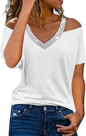 Generic Haut Femme Dentelle, Tee Shirt Blanc Épaules Dénudées-Top Sexy Manche Courte Couleur Unie Épissage Chemisiers Chic Et Elegant Basique Blouses Casual C