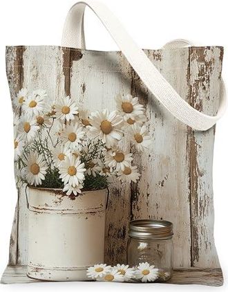 Generic Sac fourre-tout en toile de fleurs de camomille printani&egrave;re pour faire du shopping, 33 x 38,1 cm, motif floral rustique, sac d&eacute;picerie r&eacute;utilisable, s