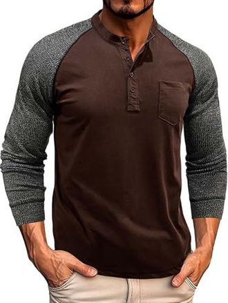 Generic Henley Chemise boutonn&eacute;e &agrave; manches longues et col en V pour homme - L&eacute;ger et respirant - Manches longues raglan - Printemps et automne - Confortables,