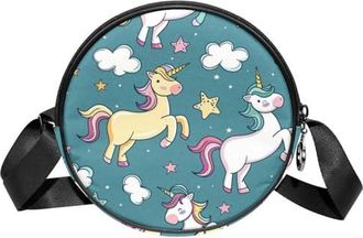 Generic Sac &agrave; bandouli&egrave;re circulaire pour femme, motif licorne, &eacute;toiles, nuages, petit sac &agrave; bandouli&egrave;re avec fermeture &eacute;clair, bretelles r&eacute;glables, sac &agrave; mai