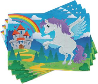 Abakuhaus Fantasie Platzmatten 8 St&uuml;ck, Regenbogen Schloss Fliegender Pegasus Einhorn in Kinder Cartoon Stil Druck, Waschbare Stoff Esszimmer K&uuml;che Tischdekorat