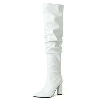 Generic Bottes d&eacute;quitation &agrave; talon haut pliss&eacute;es pour femme - &Agrave; enfiler au-dessus du genou - Bout pointu, blanc, 37.5 EU