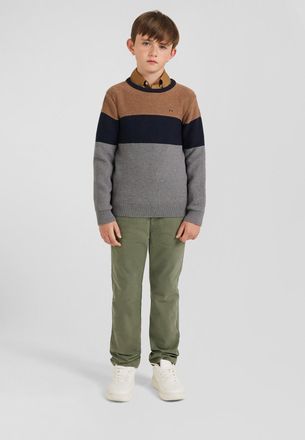 Eden Park Pull Col Rond Tricolore En Coton Noisette Coupe Regular