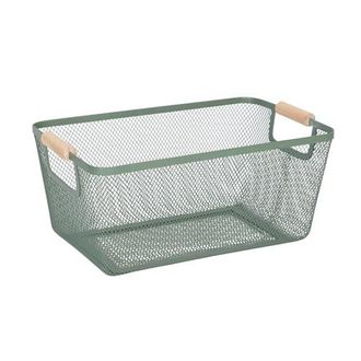 Relaxdays Drahtkorb mit Holzgriffen, eckig, Aufbewahrungskorb Metall, HBT 16,5 x 37 x 22,5 cm, Korb K&uuml;che, Bad, mint