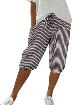 Generic Pantalon court en lin &agrave; jambe large avec poches - Pantalon en lin ray&eacute; avec cordon de serrage d&eacute;contract&eacute; jambe droite &eacute;lastique avec poches Pantalon 