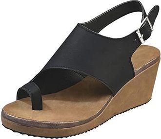 Generic Sandales compens&eacute;es pour femme - Sandales tendance en cuir de couleurs unies - Sandales &agrave; bride arri&egrave;re - Sandales d&eacute;contract&eacute;es &agrave; bout rond - Chaussu