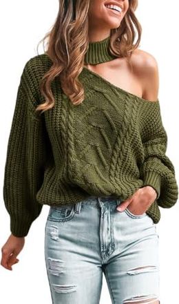 Cupshe Pull &agrave; &eacute;paules d&eacute;nud&eacute;es pour femme, manches longues, col montant, d&eacute;contract&eacute; et l&eacute;ger, vert, Taille M