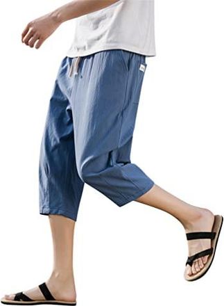 Minetom Homme Été Pantalon en Lin Coton Lâche Capri Shorts Bermudas 3/4 Pantacourt Poches Baggy Cargo Pants Large Cordon de Serrage Grande Taille C Bleu Clair
