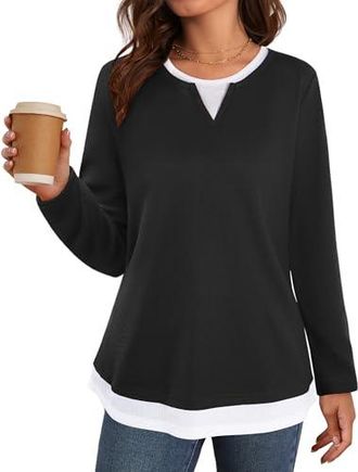 Grace Karin Femme Tee-Shirt &agrave; Manches Longues Haut Top Tissu Gaufr&eacute; Doux Col Rond et Design Bicolore &Eacute;l&eacute;gant Noir L