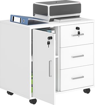 HOMCOM B&uuml;rocontainer Aufbewahrungsm&ouml;bel mit 3 Schubladen und verstellbarem Regal, abschlie&szlig;barer B&uuml;roaufbewahrungsschrank mit Rollen, Abm. 40 x 60 x 56 cm, w