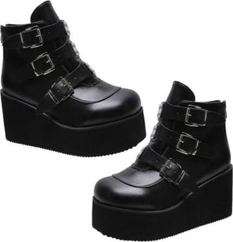 FOMIYES Courtes Femme &Eacute;paisses &agrave; Talon Rond Chaussures Mode pour Toutes Saisons Bottines Vintage &Eacute;l&eacute;gantes PU Noir