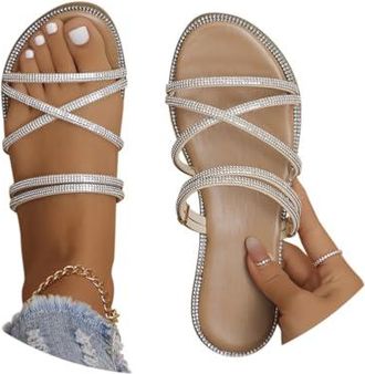 Minetom Sandales Plates pour Femmes Strass Ceinture Croisé DÉté Bout Ouvert Pantoufles Léger Chaussures De Vacances Plage A Kaki 39 EU