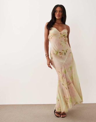 Asos Robe caraco longue &agrave; imprim&eacute; feuilles et fleurs - Rose pastel et vert-multicolore