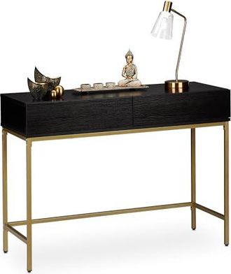 Relaxdays Konsolentisch, 2 Schubladen, Sideboard Flur, Wohnzimmer, Ablagetisch Holzoptik, HBT 80x110x40 cm, schwarz/gold