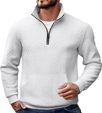 Generic Pull thermique à manches longues avec fermeture éclair 1/4 pour homme - Col montant - Coupe-vent - Pour le sport - Automne et hiver, blanc, 3XL