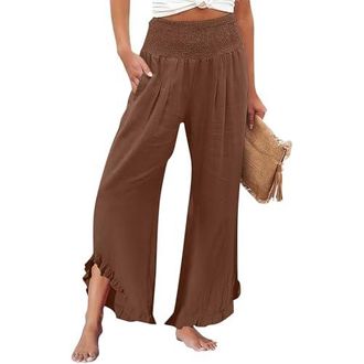 Generic Pantalon en lin pour femme - Coupe ample et d&eacute;contract&eacute;e - Taille haute - &Eacute;lastique - En coton et lin - Avec poches irr&eacute;guli&egrave;res - Jambe large - Panta