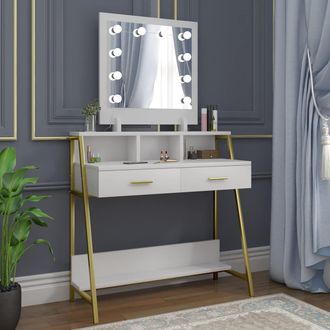 Woltu Schminktisch mit Beleuchtung, LED Spiegel, Kosmetiktisch mit 2 Schubladen, Ablage Schmuckfach 90x153x40 cm, Schreibtisch Weiß Gold, Metall und Holz, M
