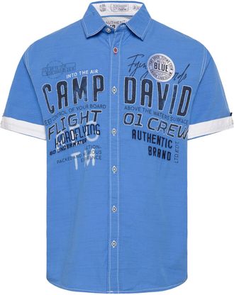 Camp David Herren Kurzarm-Streifenhemd mit Label-Stickereien Pacific Blue, XXXL