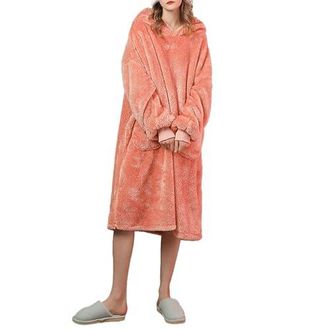 Generic Peignoir Femme Longue Manches Chaud à Capuche Décontracté Doux Polaire Vêtement de Nuit avec Poches Hiver