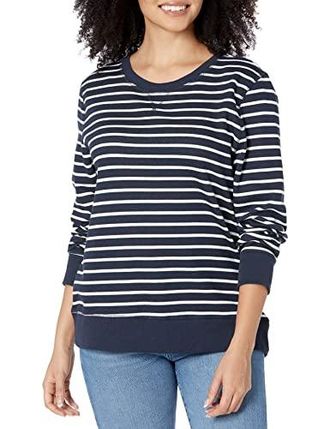 Amazon Essentials Chandail en coton molletonné à col ras-du-cou en tissu bouclette pour femme (disponible en grande taille), rayures bleu marine