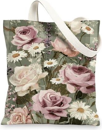 Generic Sacs fourre-tout en toile à motif floral élégant, réutilisables, style vintage, légers et lavables pour salle de sport, voyage, pique-nique, 33 x 38 c