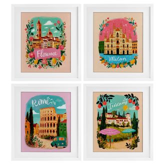 Stupell Industries Italienische Reiseorte mit Blumen, 4-teilig, gerahmter Druck unter Glas, Design von Yen, 40,6 x 33 cm