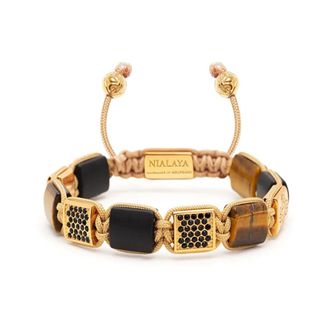 Nialaya Femme, Accessoires, Jaune, Taille: XS Womens Brown Tiger Eye and Black Onyx Flatbead Bracelet with Black CZ Diamonds and Gold Plating