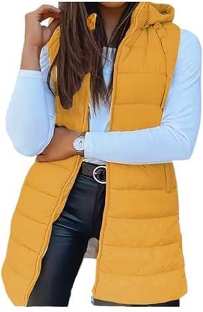 Generic Manteau gilet Long for femmes, veste rembourr&eacute;e de Style Parka sans manches, gilet long matelass&eacute; &eacute;pais for lautomne et lhiver(Yellow,3XL)